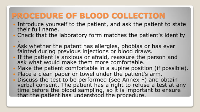 Blood sample collection procedure ppt | PPTX | First Aid | Injuries