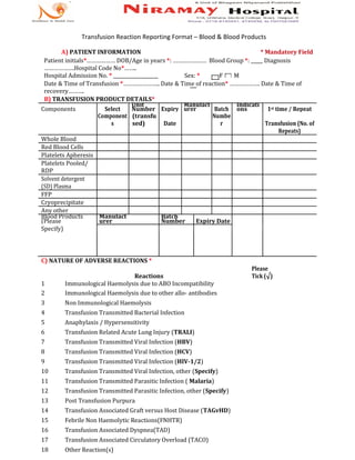 Blood trasfusion reaction reporting format
