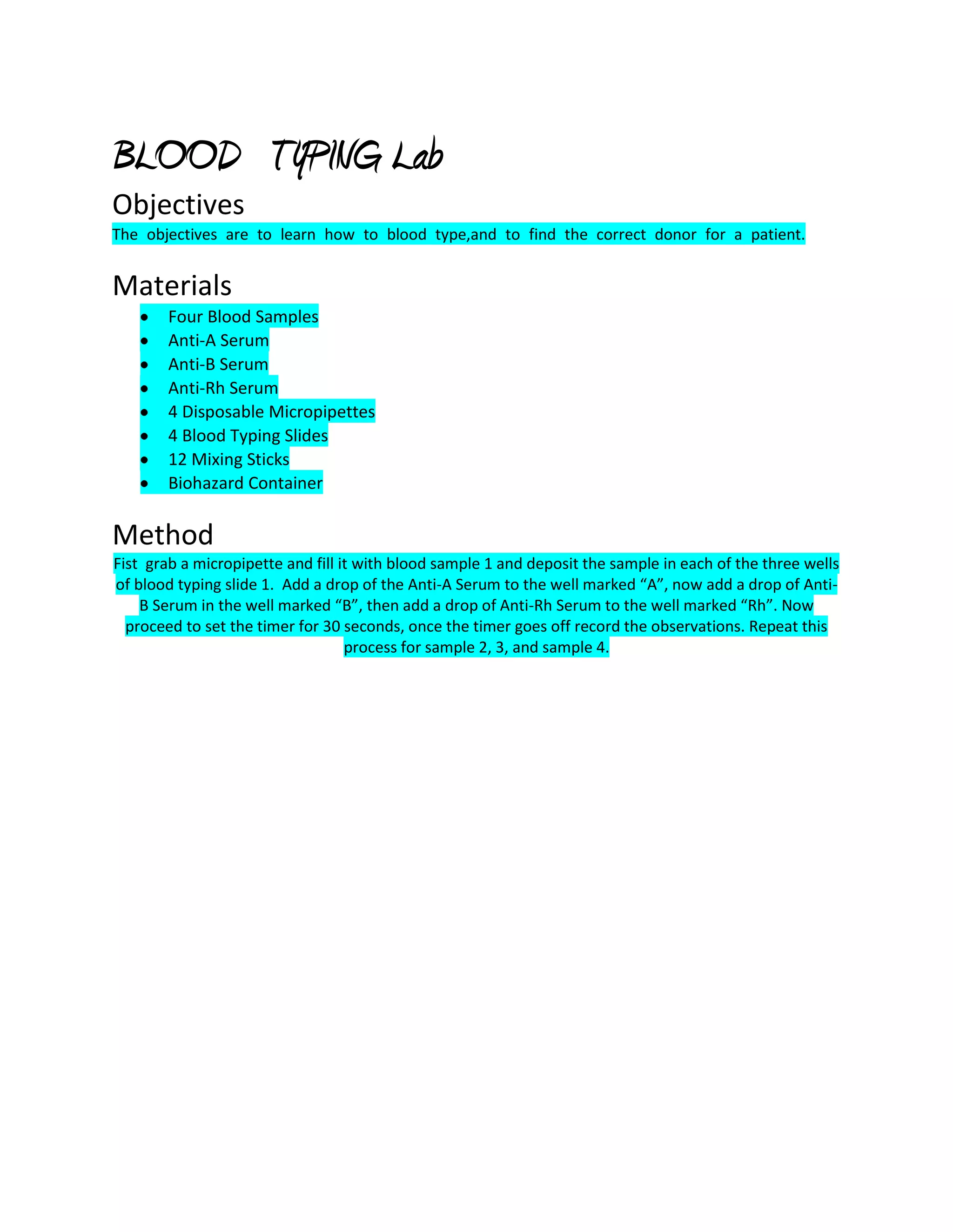 Blood typing lab | PDF