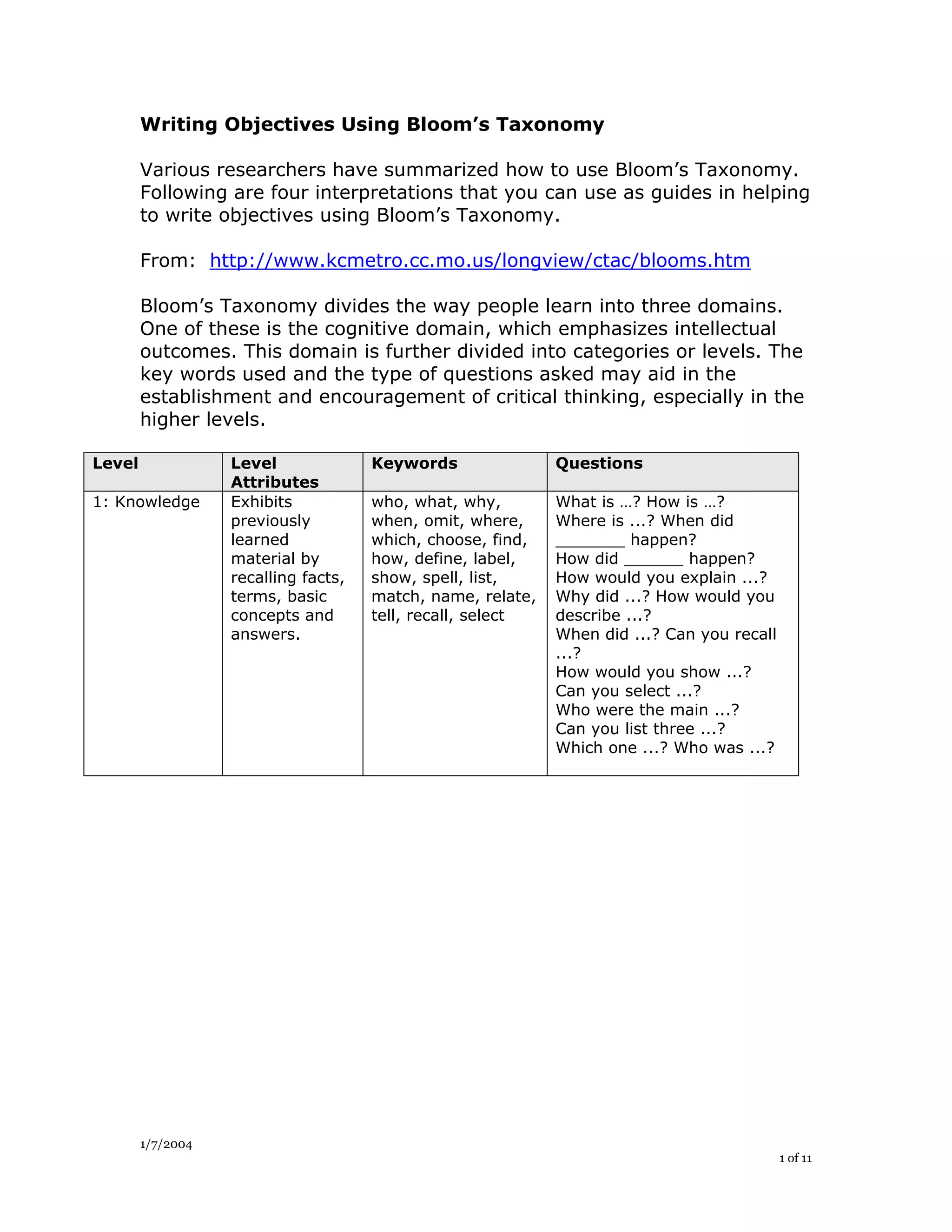 Bloom's taxonomy | PDF