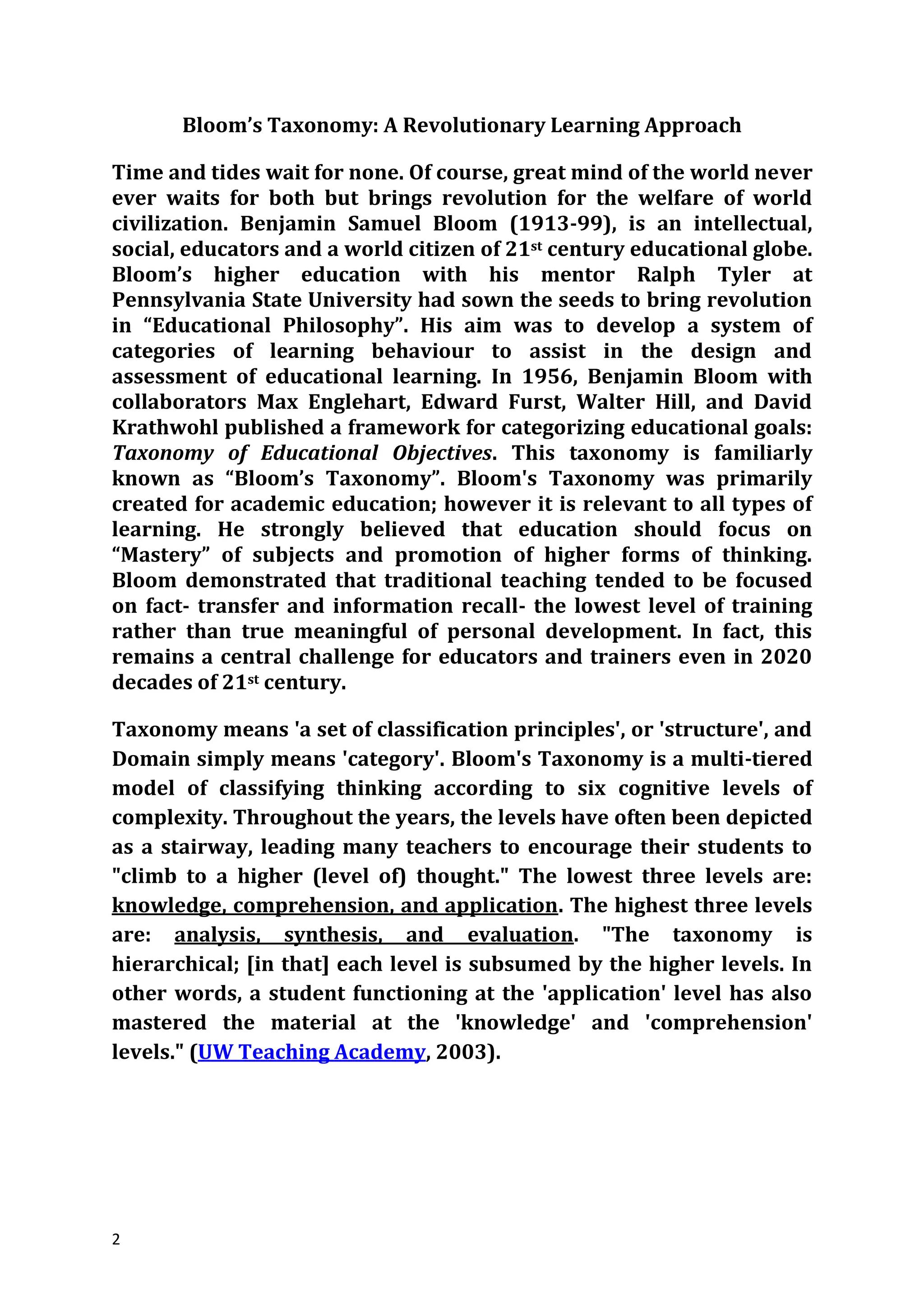 Blooms taxonomy a revolutionary learning approach | PDF