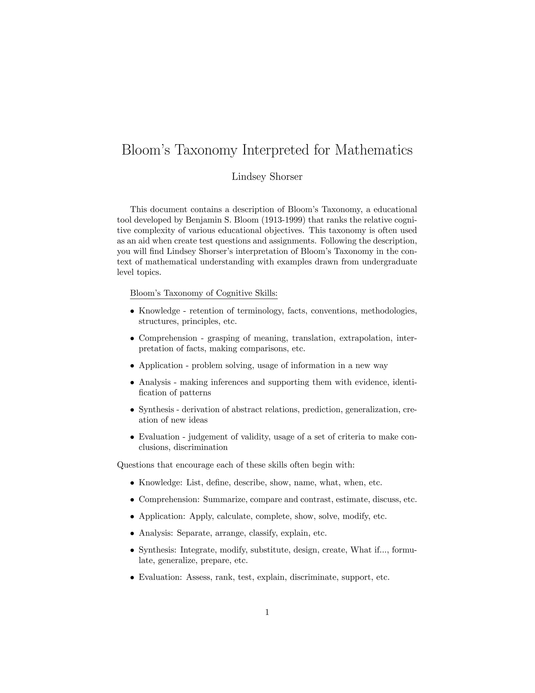 Blooms taxonomy mathematics | PDF