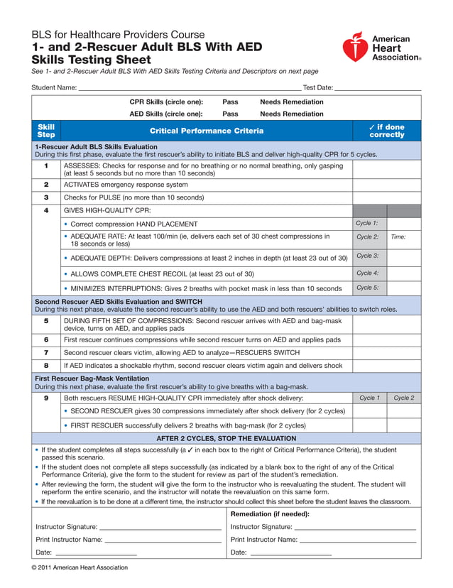 Bls 1 & 2 rescuer adult cpr and aed skills test sheet 2010 guidelines ...