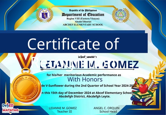 BLUE CERTIFICATE of RECOGNITION FOR FIRS QUARTERT | PPT