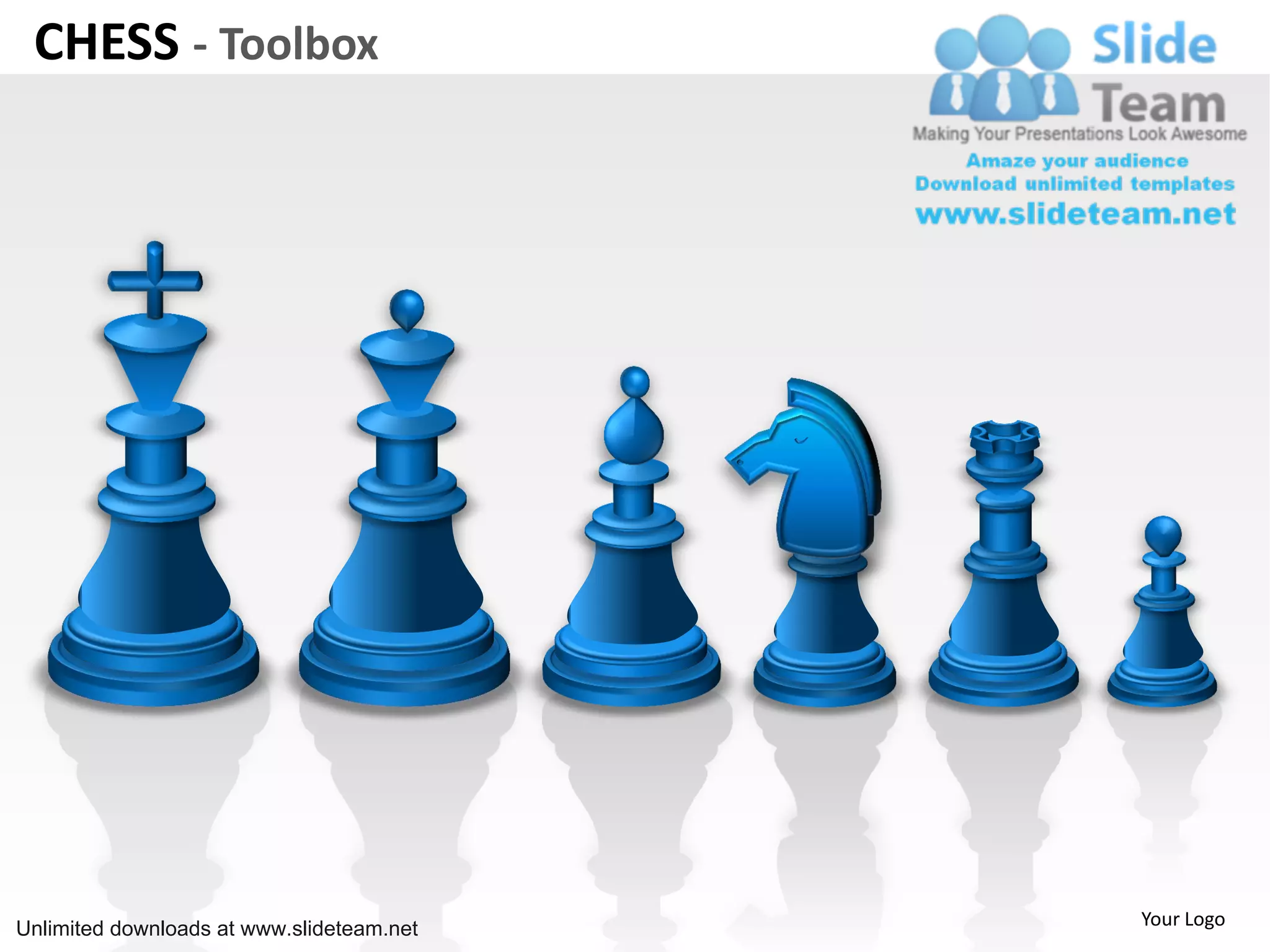 Blue chess pieces king queen bishop horse castle pawn power point slides and ppt diagram ...