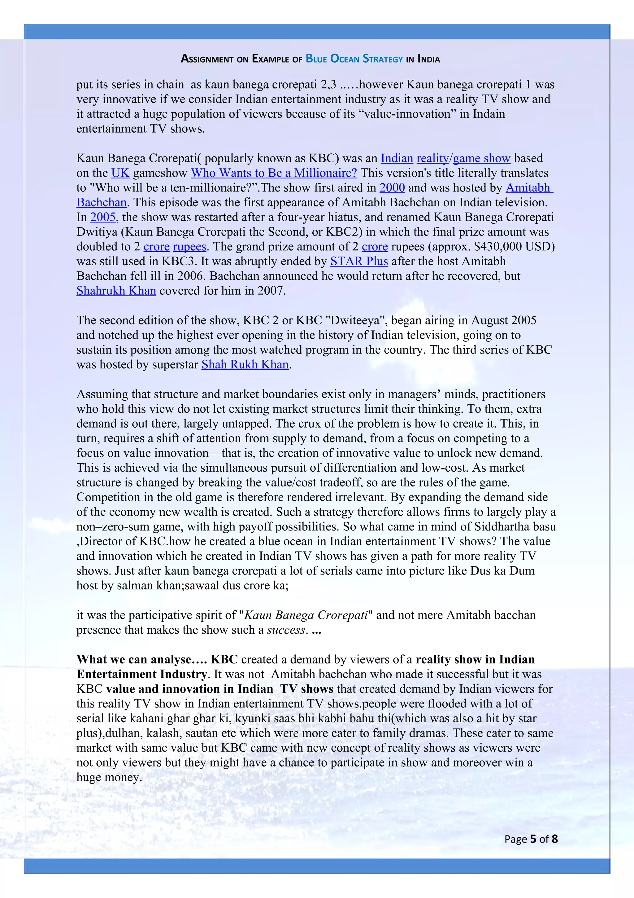 Blue ocean strategy of kbc(star plus) by deepak | DOC | Television ...