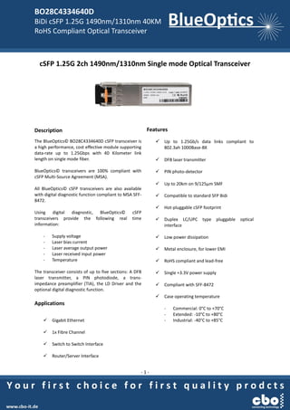 Blueoptics bo28c3443640d 1000base-2bx-u csfp dual bidi transceiver 40km ...