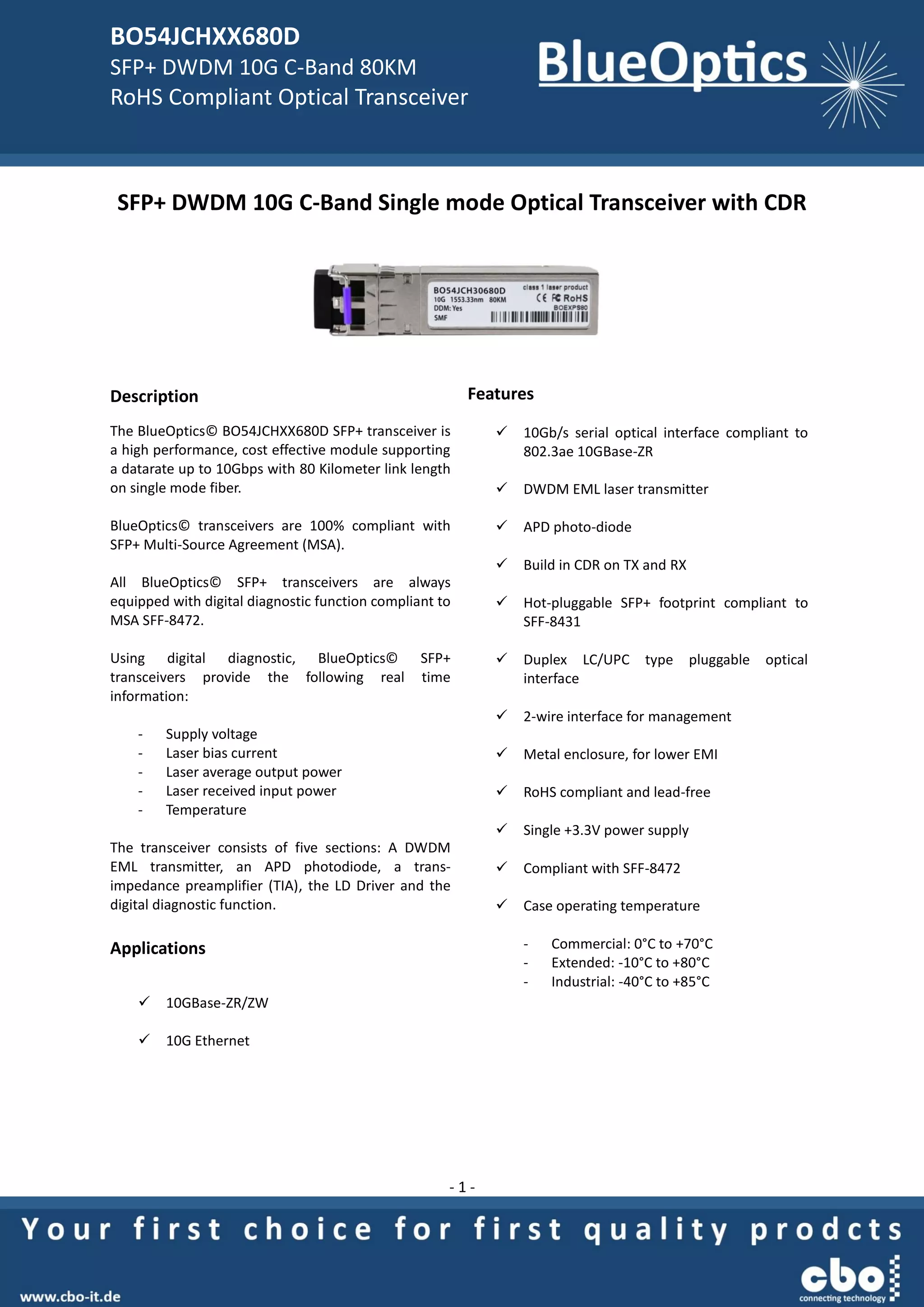 Blueoptics bo54jchxx680d 10gbase-dwdm cdr sfp+ transceiver c-band 80km ...