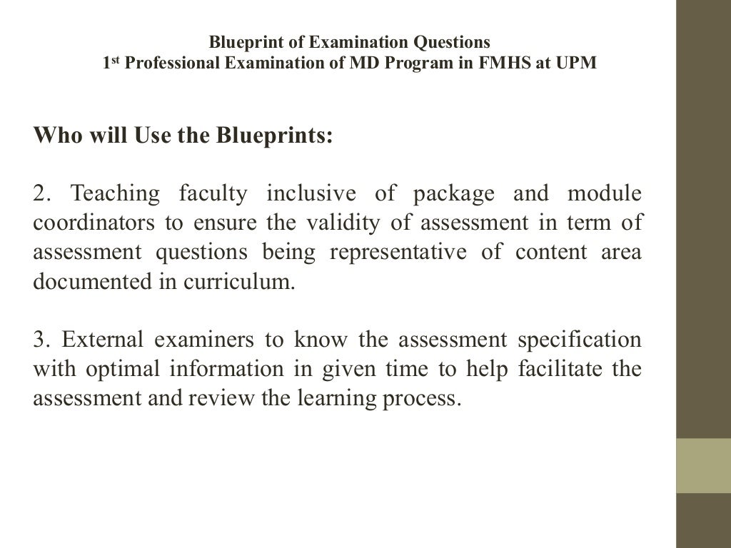Blueprint of exam questions