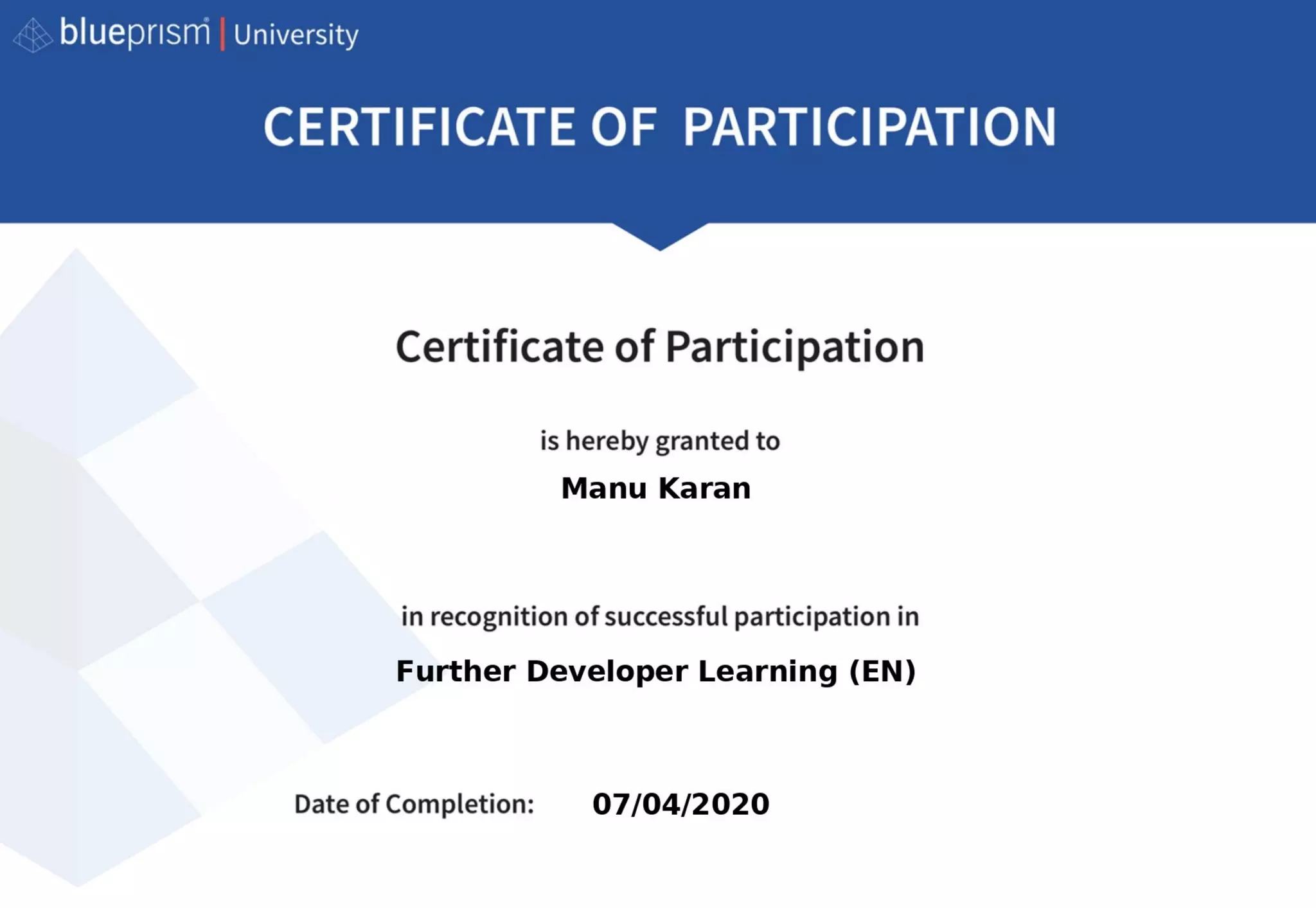 Blue Prism - Certifications and Diplomas - Manu Karan | PPT