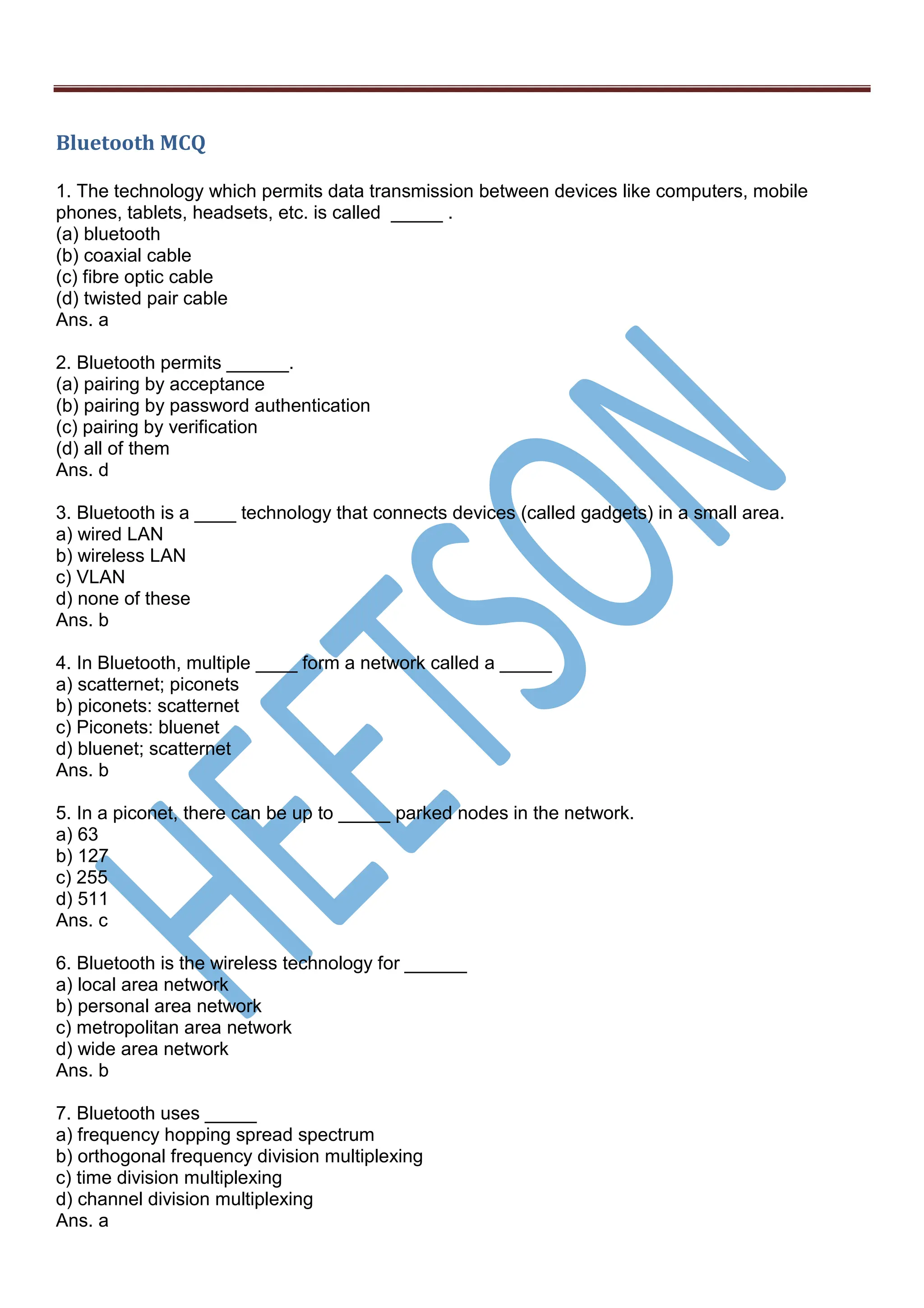 Bluetooth MCQ Questions and answers in English | PDF