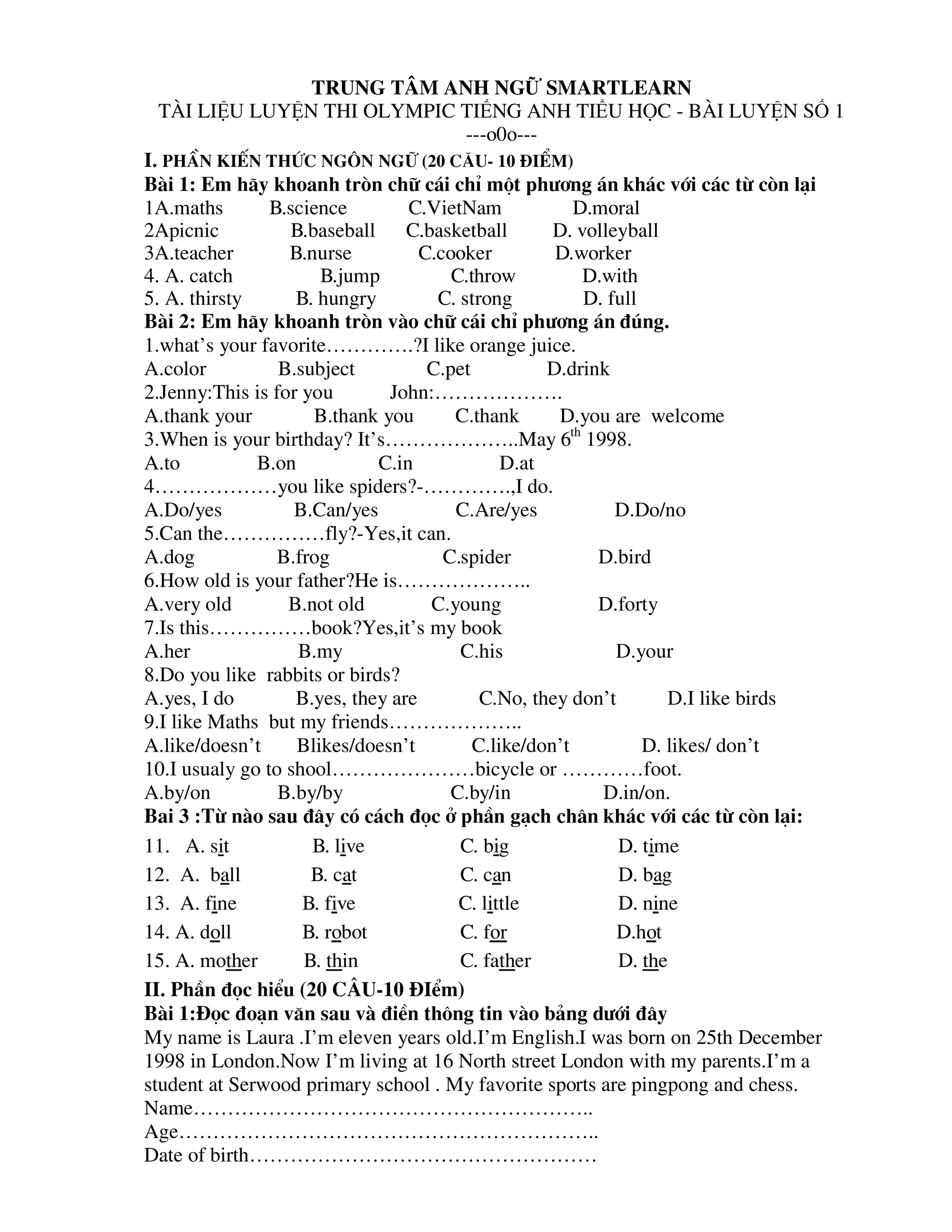Bộ đề luyện thi olympic tiếng anh cấp tiểu học (lớp 4 5) | PDF