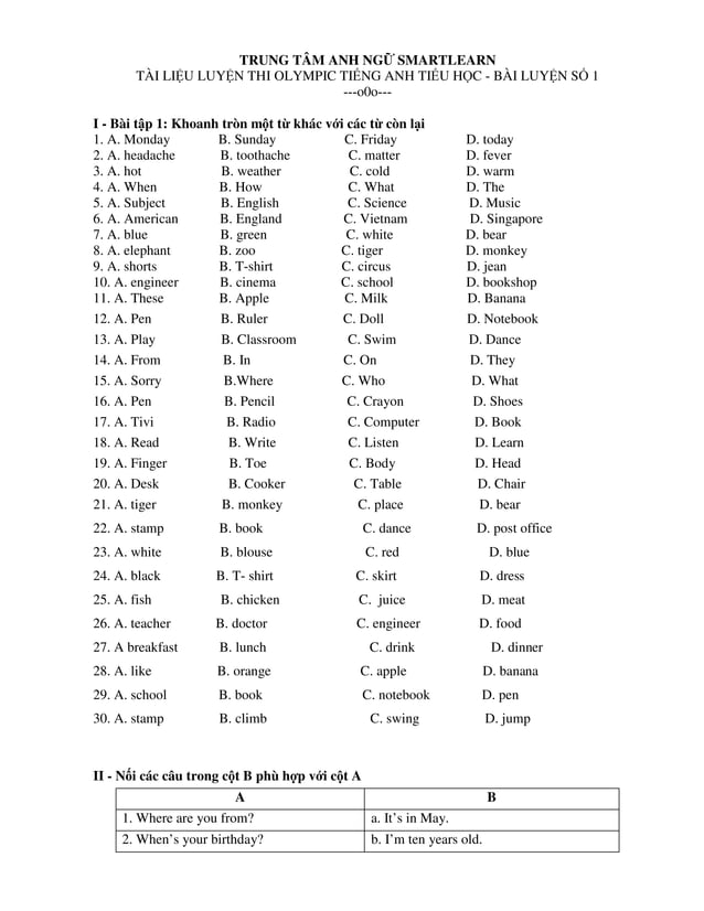 Bộ đề luyện thi olympic tiếng anh cấp tiểu học (lớp 4 5) | PDF