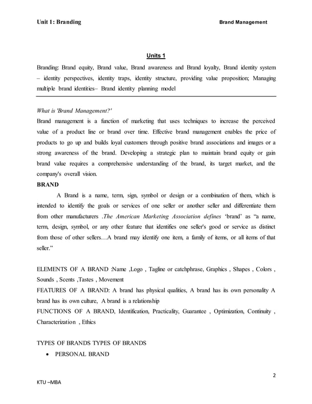 Brand Management-MBA-unit 1 | DOCX