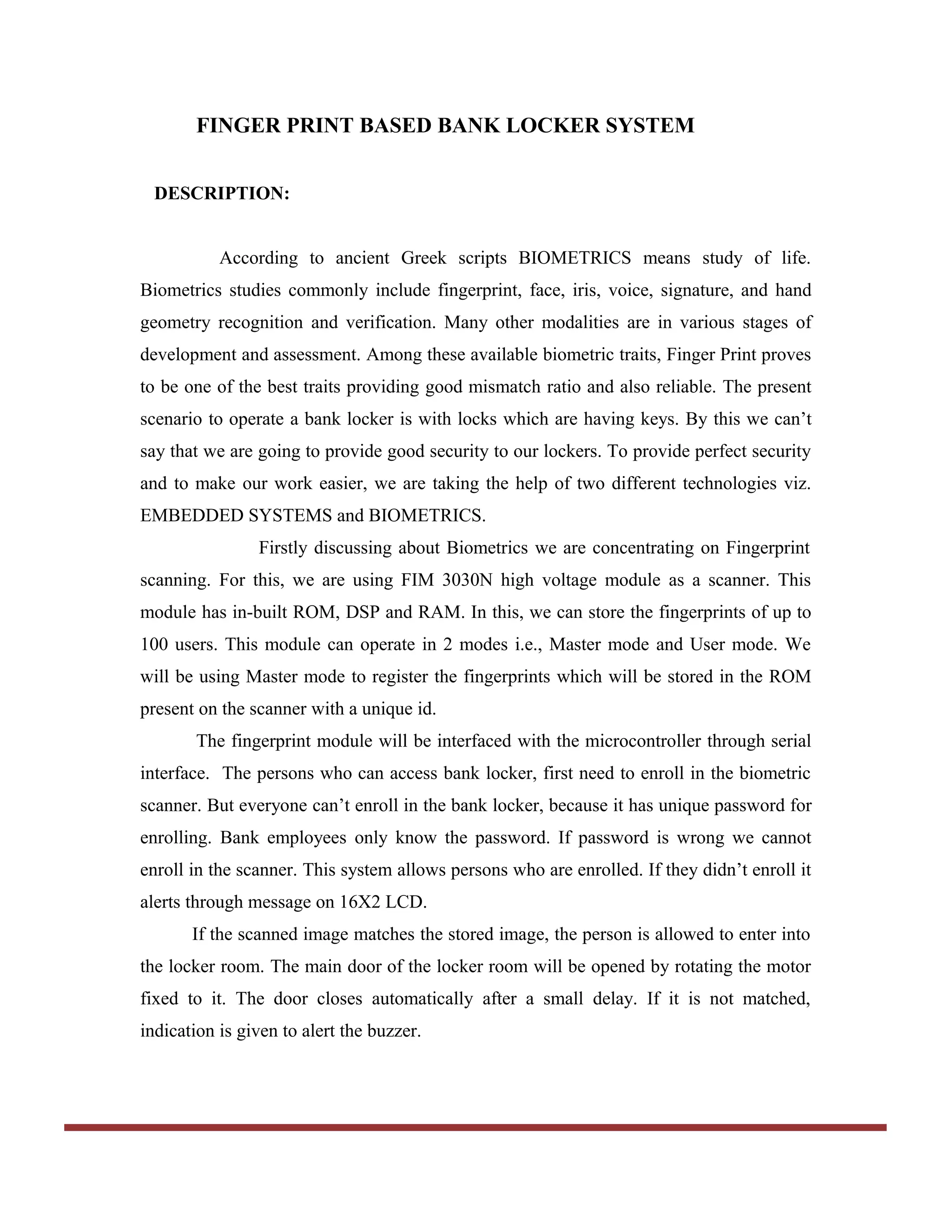 Bm 02 FINGER PRINT BASED BANK LOCKER SYSTEM | DOC