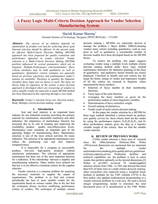 A Fuzzy Logic Multi-Criteria Decision Approach for Vendor Selection Manufacturing System | PDF