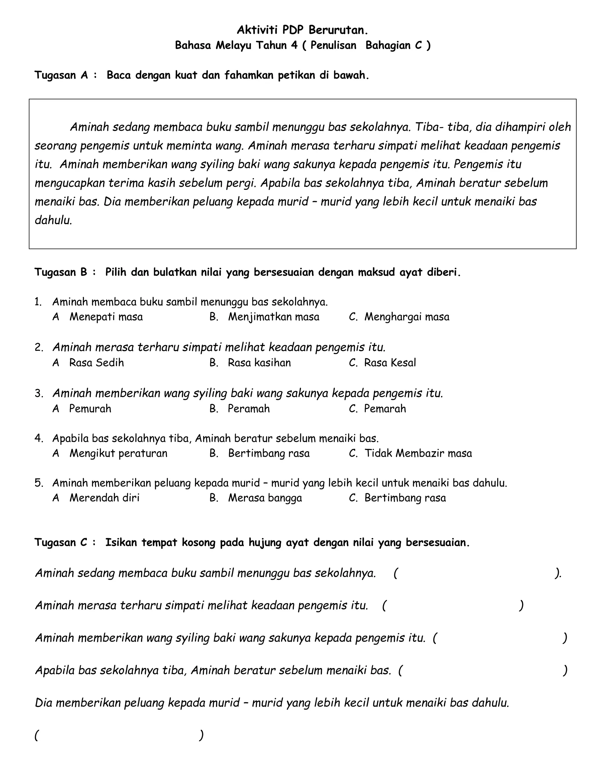 Contoh Aktiviti PDP Berurutan BM (Thn4) Penulisan Bahagian C | DOCX