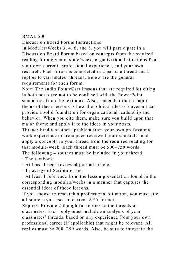 BMAL 500Discussion Board Forum InstructionsIn ModulesWeeks 3,.docx