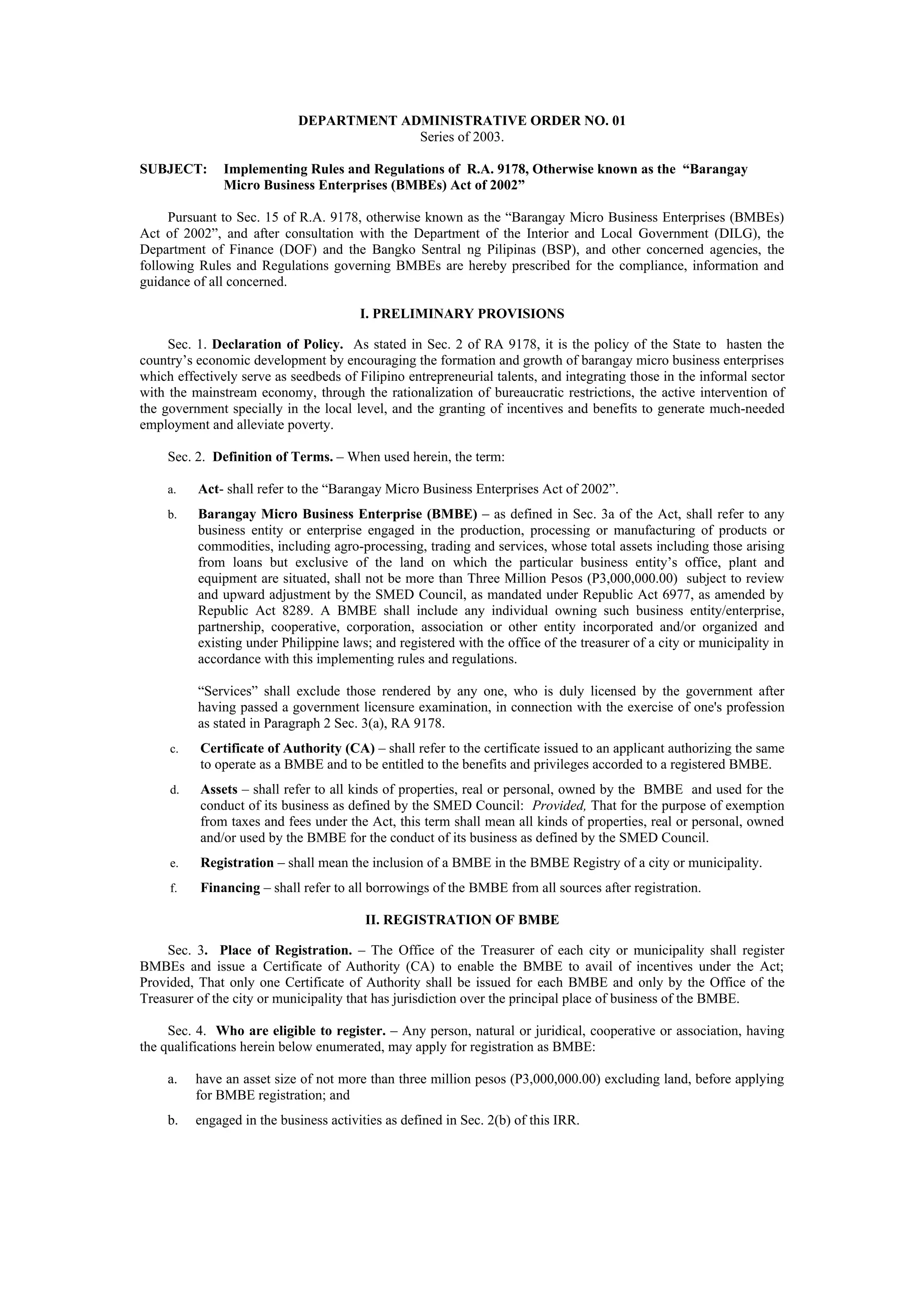 BMBE Law, IRR and Forms | PDF