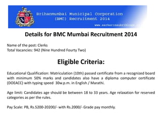 Bmc mumbai recruitment 2014 clerk jobs | PPTX