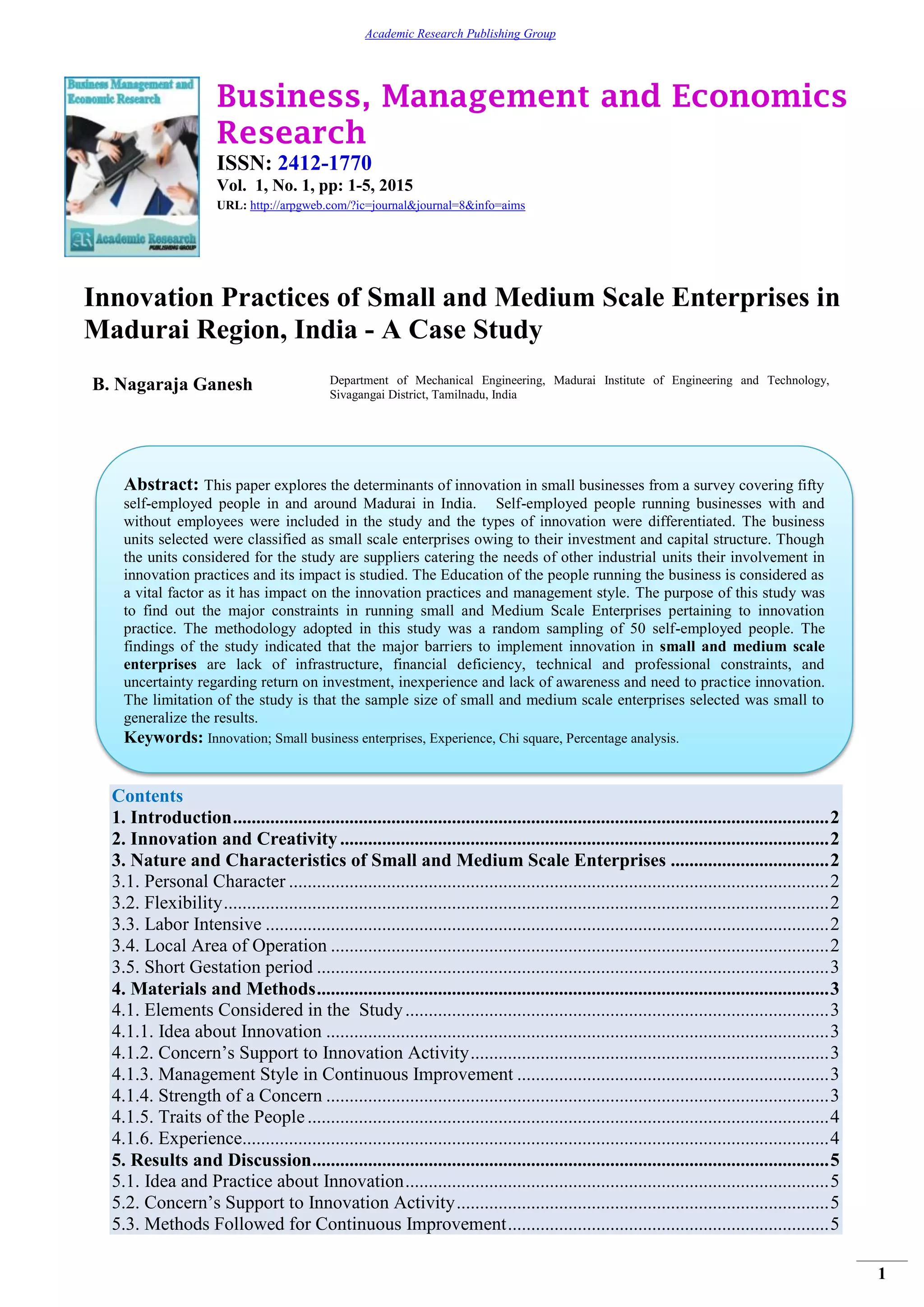 Innovation Practices of Small and Medium Scale Enterprises in Madurai Region, India - A Case ...