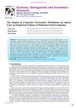 The Impact of Corporate Governance Mechanism on Agency Cost: An Empirical Evidence of Pakistani ...