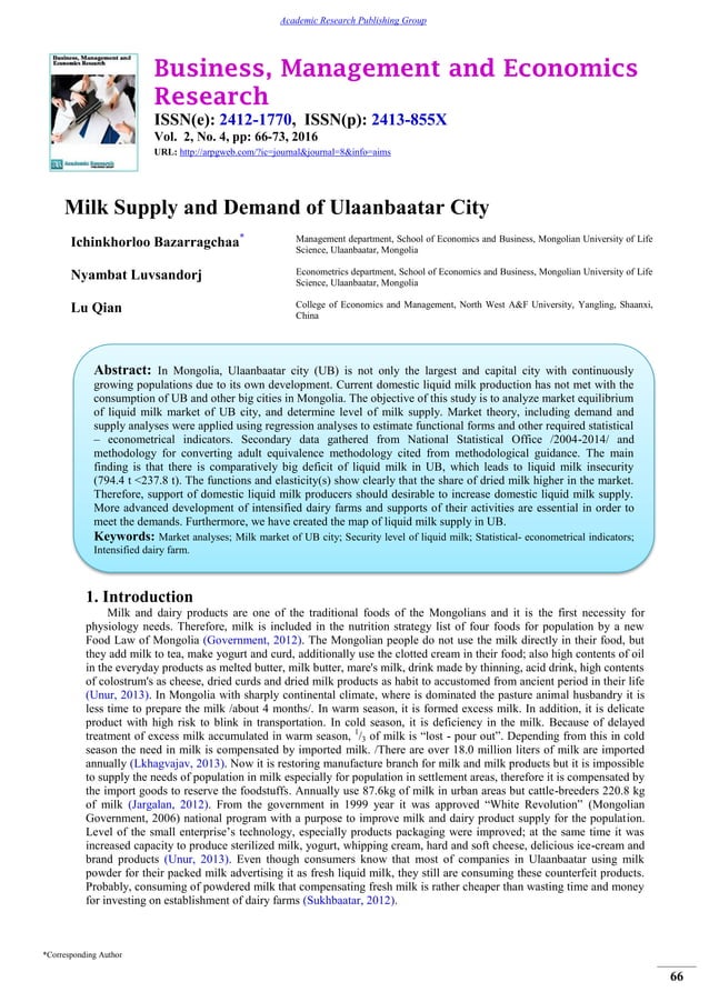 Milk Supply and Demand of Ulaanbaatar City | PDF | Agriculture | Industries
