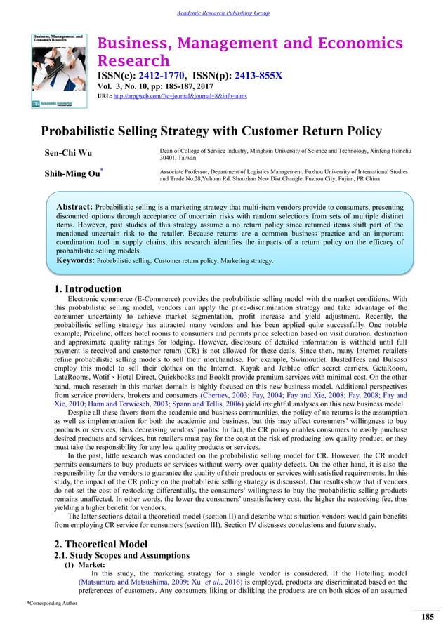 Probabilistic Selling Strategy with Customer Return Policy | PDF