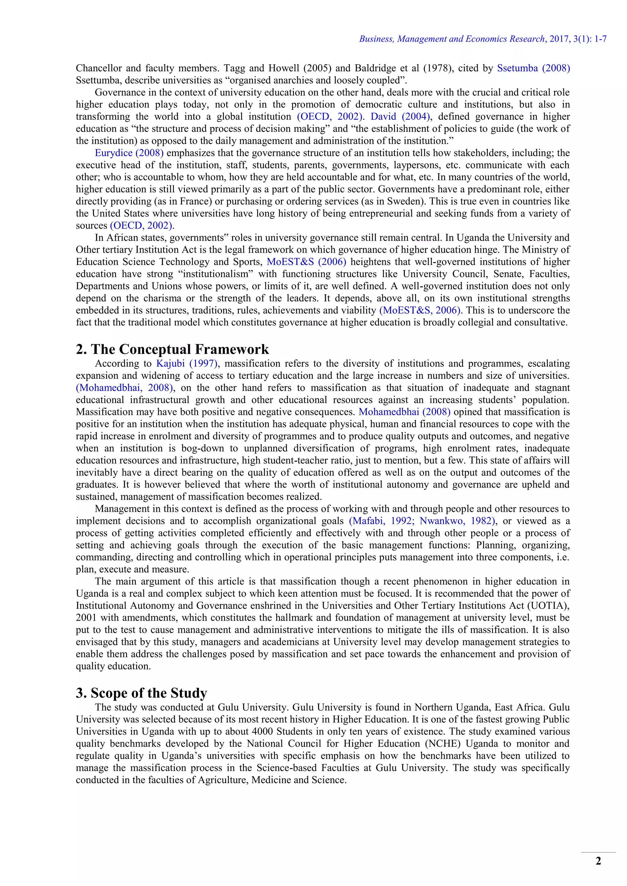 Institutional Autonomy and Governance vis-à-vis the Management of Massification: A Case of ...