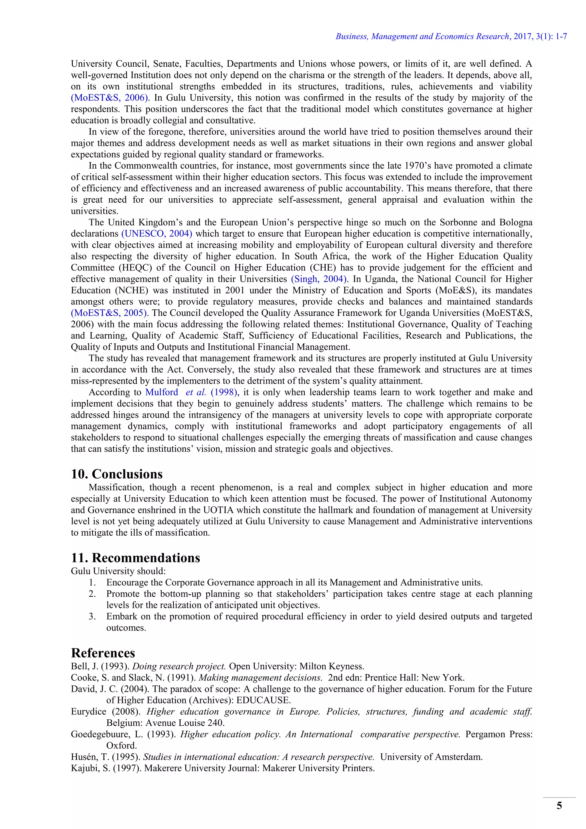 Institutional Autonomy and Governance vis-à-vis the Management of Massification: A Case of ...