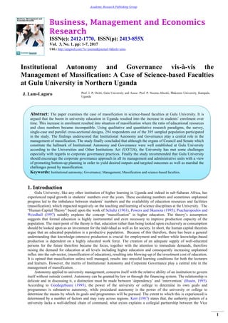 Institutional Autonomy and Governance vis-à-vis the Management of Massification: A Case of ...