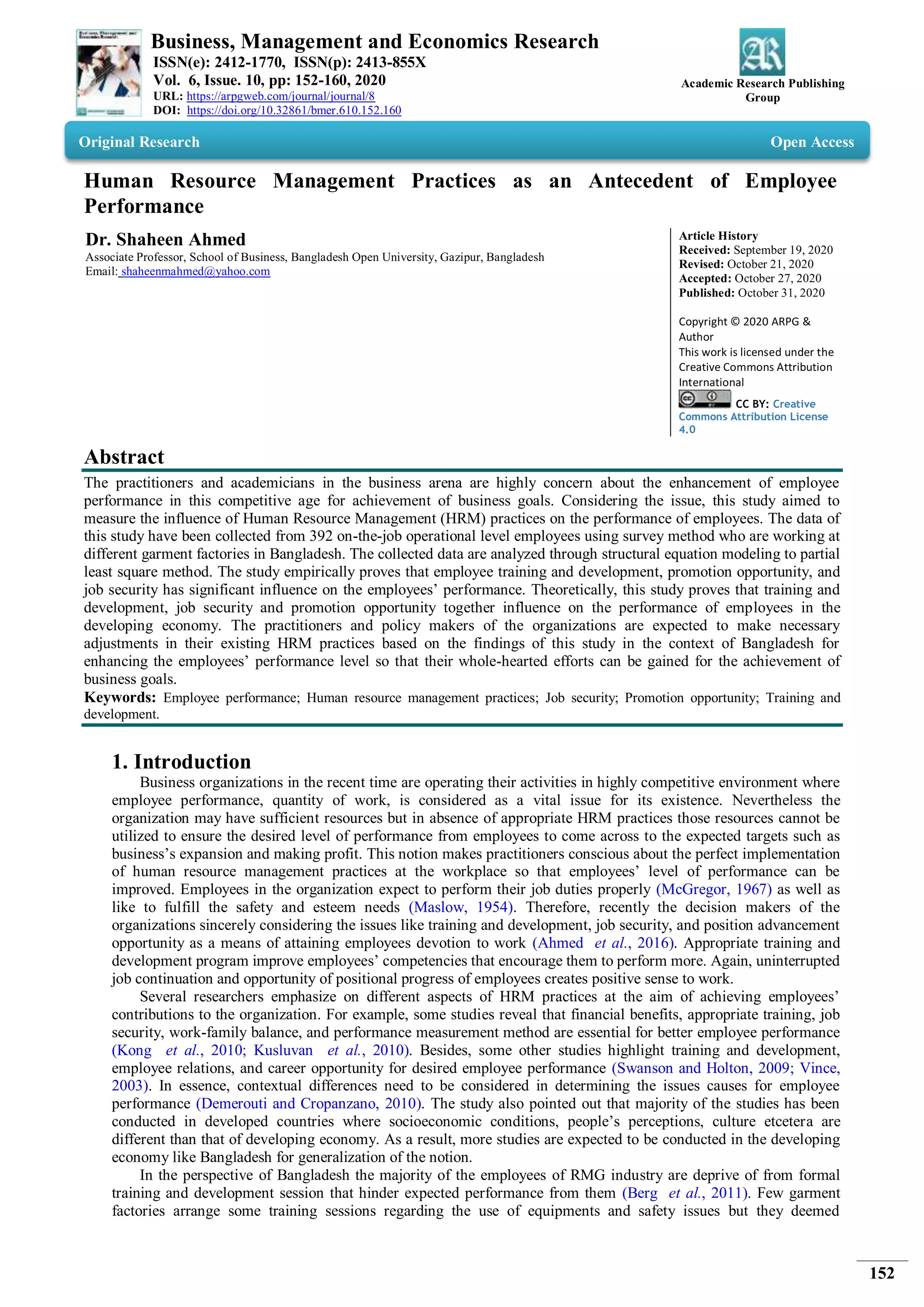 Human Resource Management Practices as an Antecedent of Employee Performance | PDF