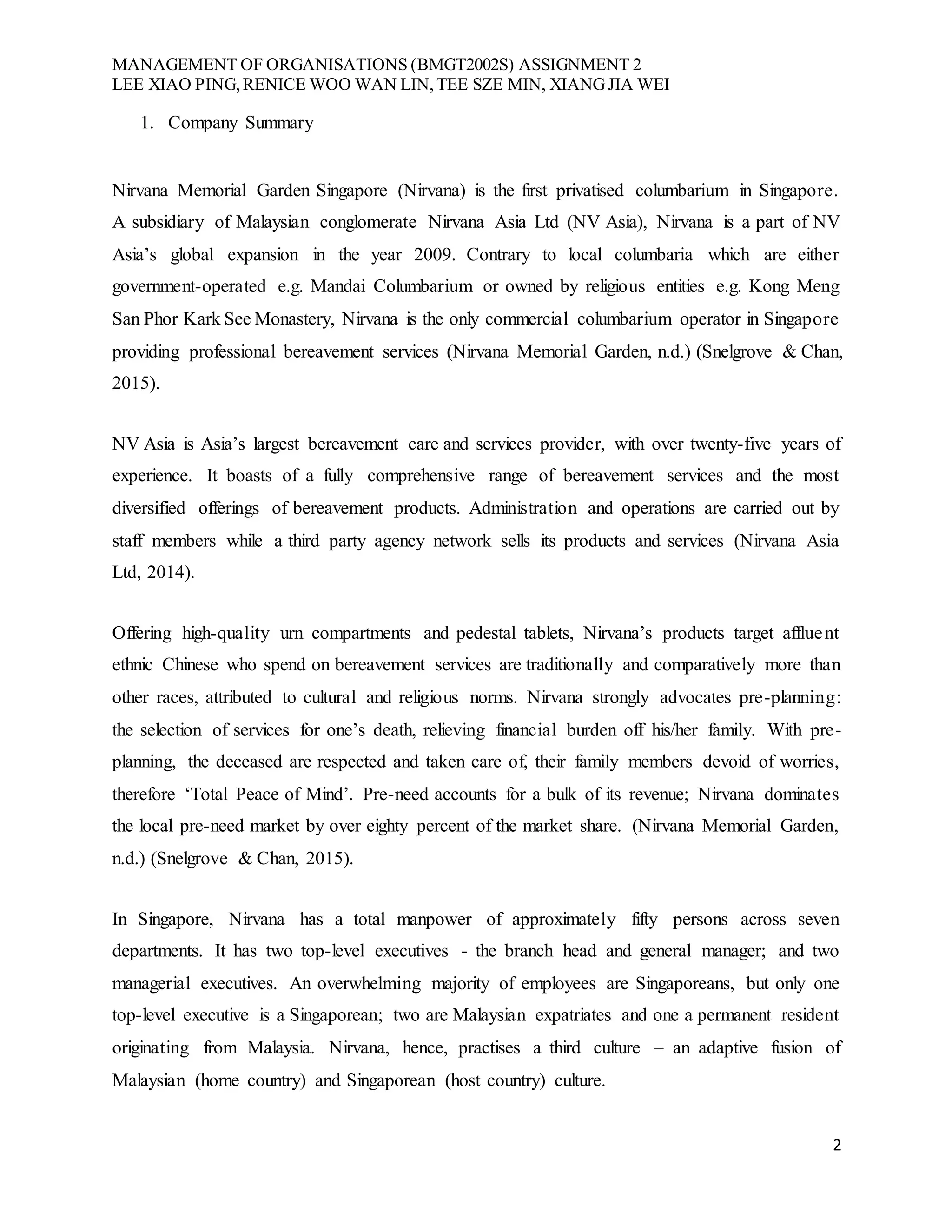 Organisational Culture Case Study - Nirvana Memorial Garden | DOCX