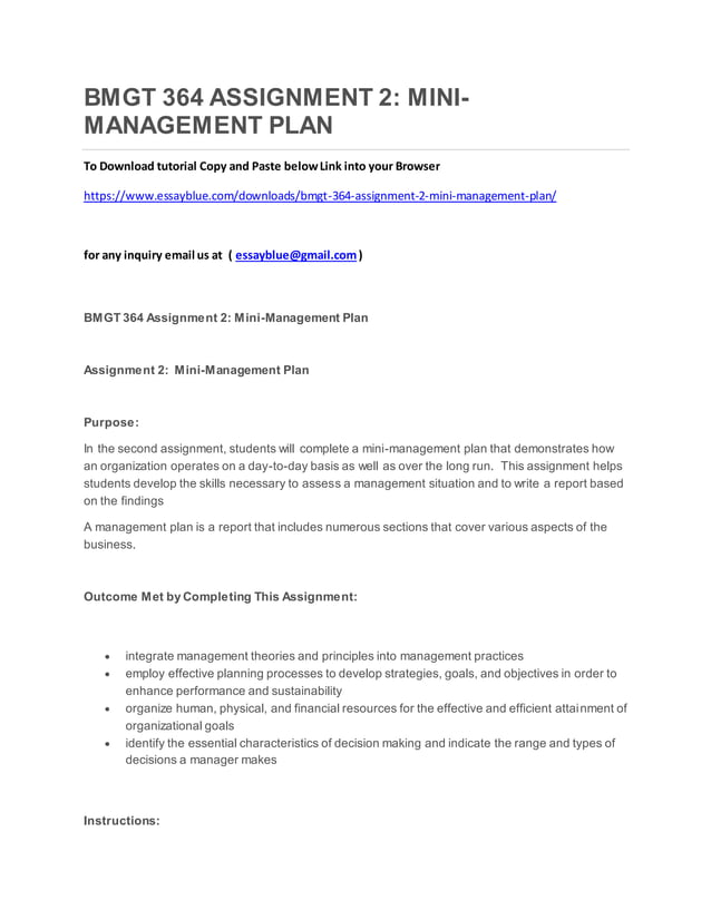 Bmgt 364 assignment 2 mini management plan | PDF