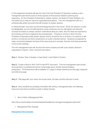 Bmgt 364 assignment 2 mini management plan | PDF