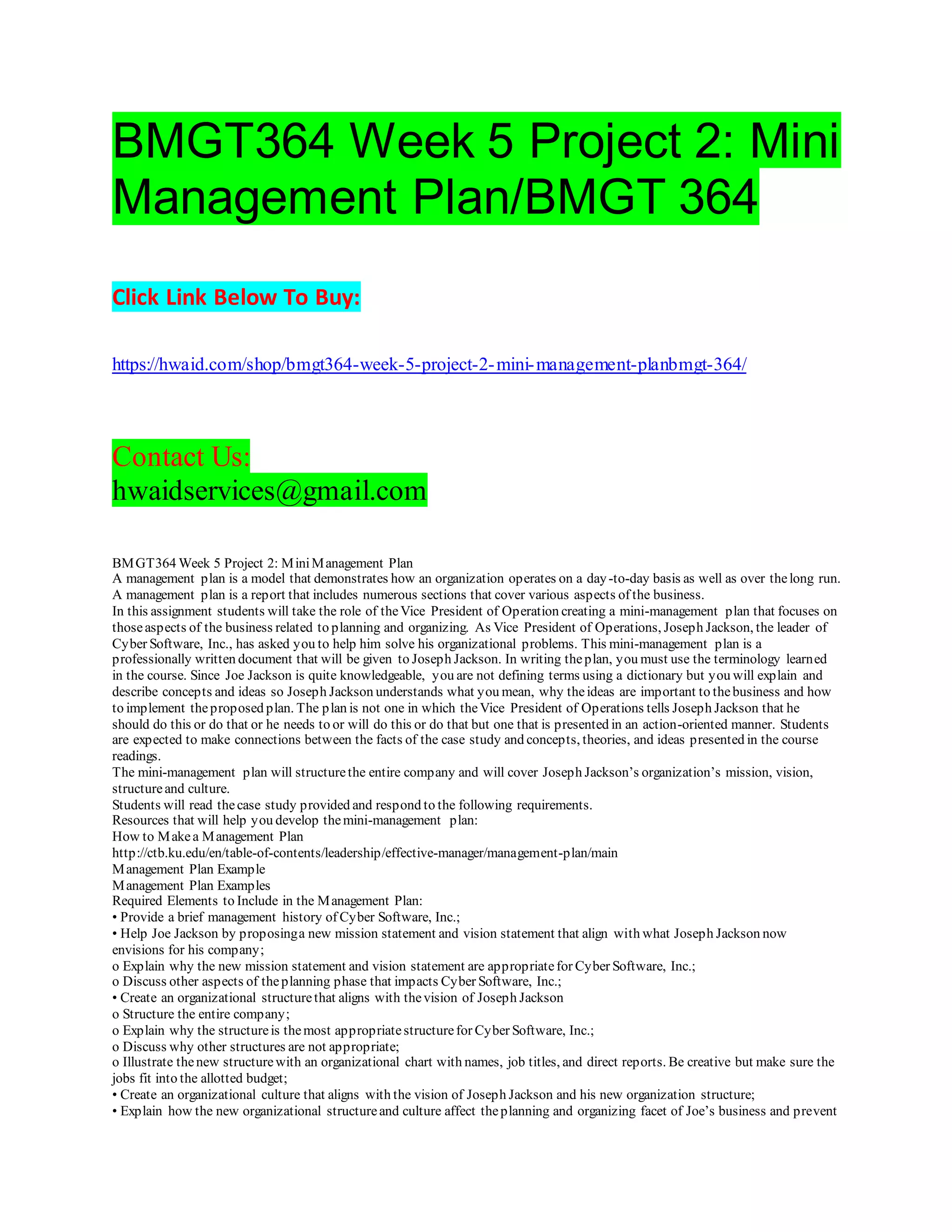 Bmgt364 week 5 project 2 mini management plan bmgt 364 | DOCX