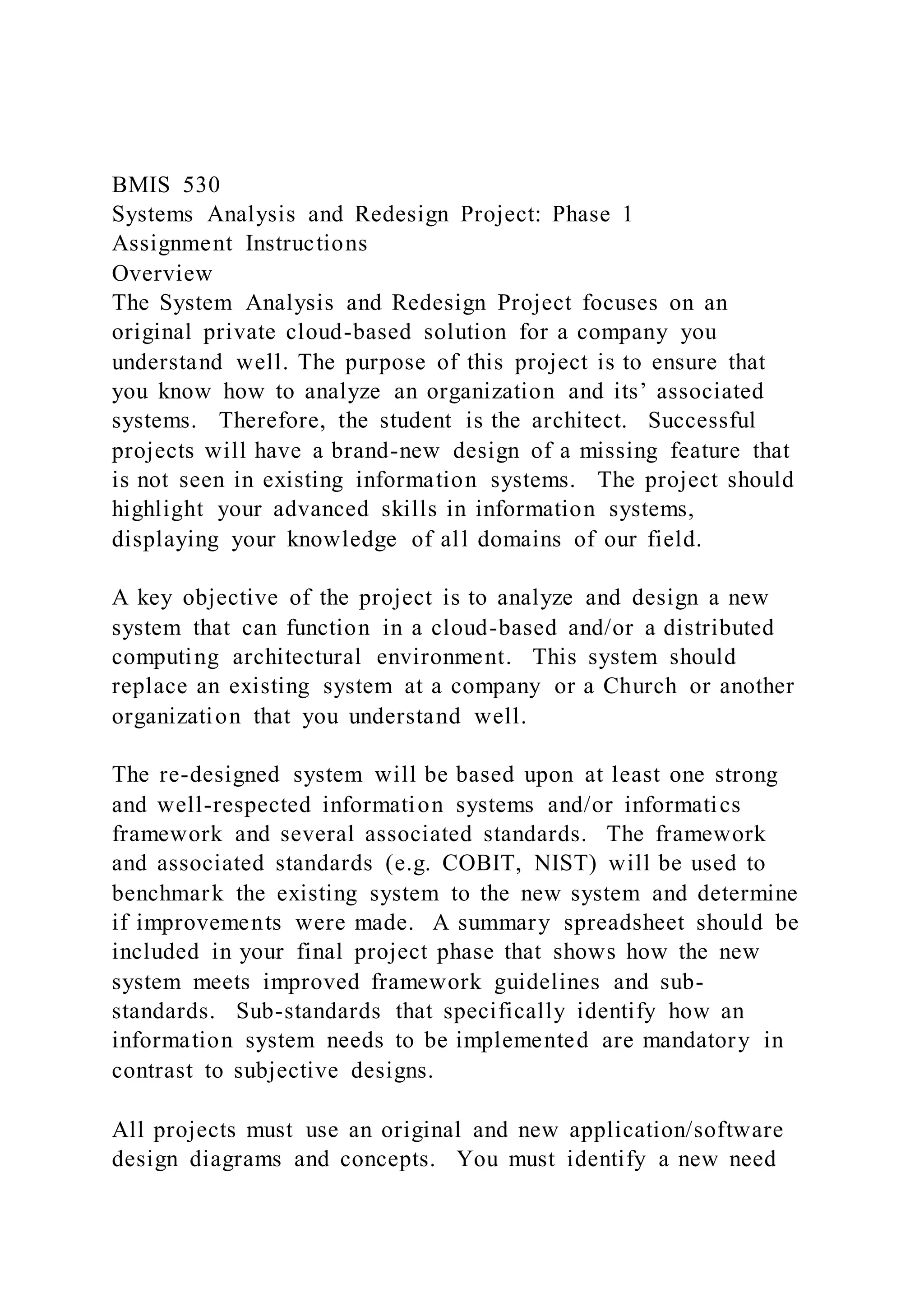 BMIS 530Systems Analysis and Redesign Project Phase 1 Assignm | DOCX