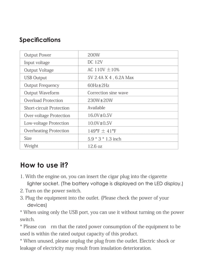 BMK 200W Car Power Inverter User Manual | PDF