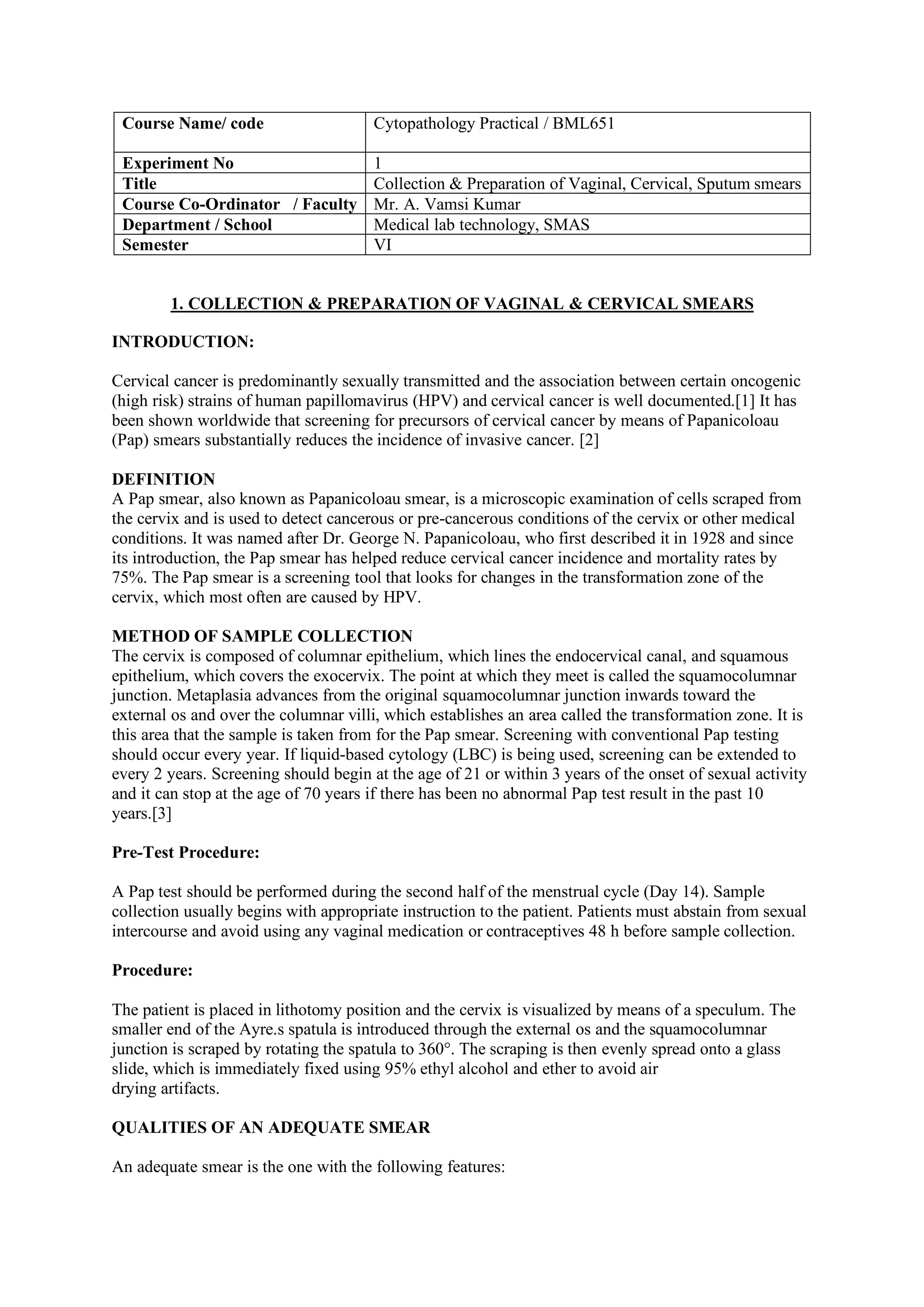Cytopathology Lab manual for MLT Students | PDF