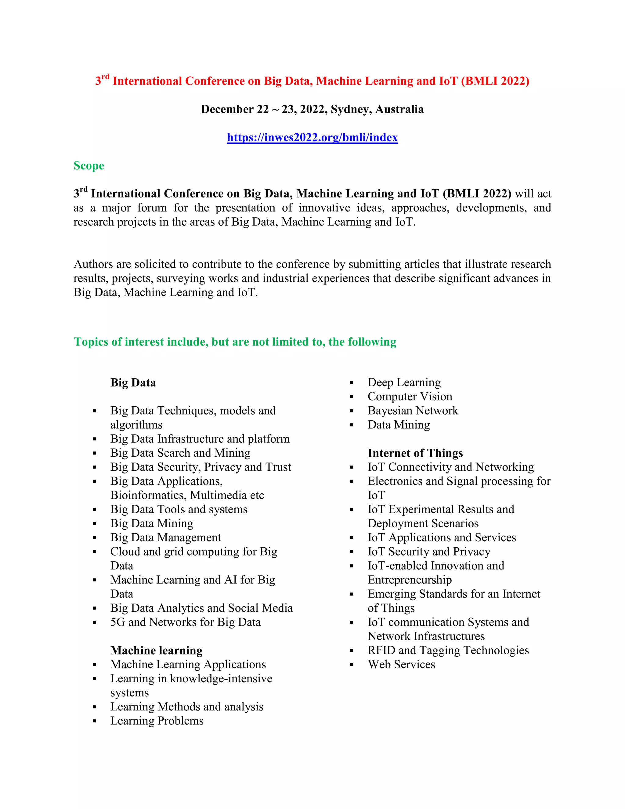 3rd International Conference on Big Data, Machine Learning and IoT ...