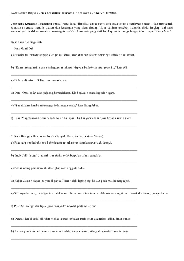 Nota Latihan Ringkas Jenis Kesalahan Tatabahasa di sediakan oleh Kelvin ...