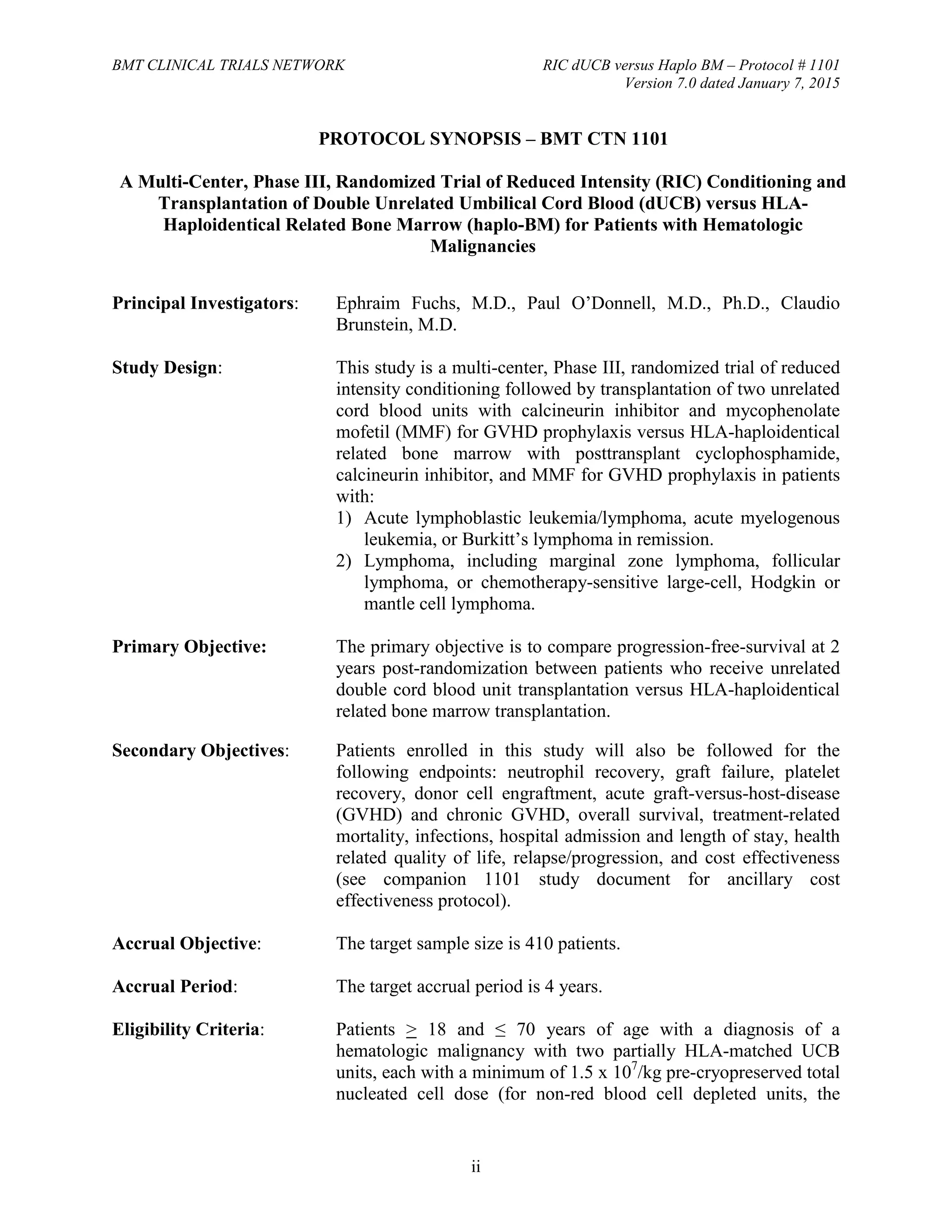 Bmt ctn protocol 1101, double cord vs Haploidentical HCT | PDF