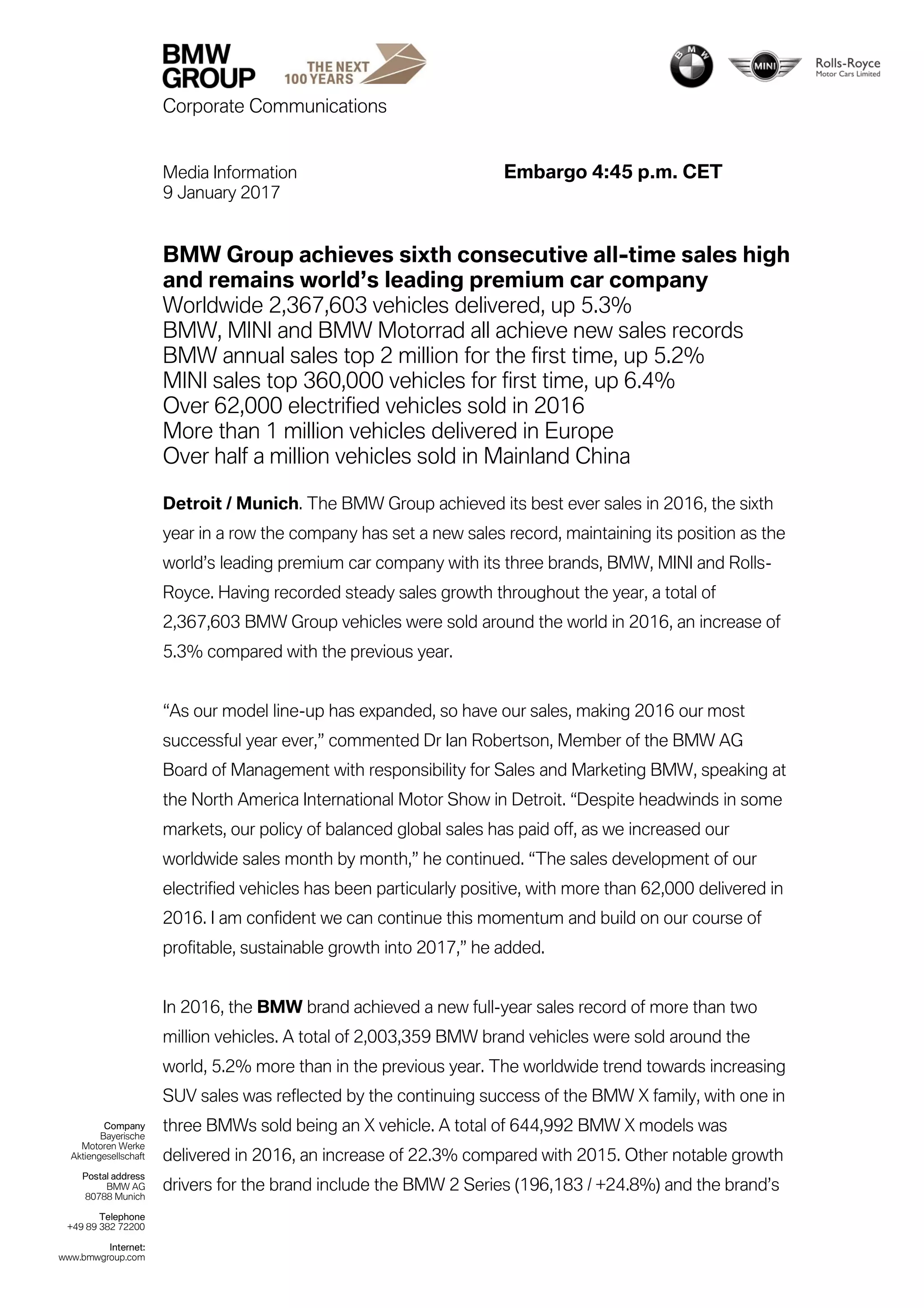 BMW 2016 Global Sales Report | PDF