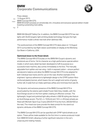 Bmw m4 gts pebble beach debut press release | PDF | Concept Cars | Auto ...