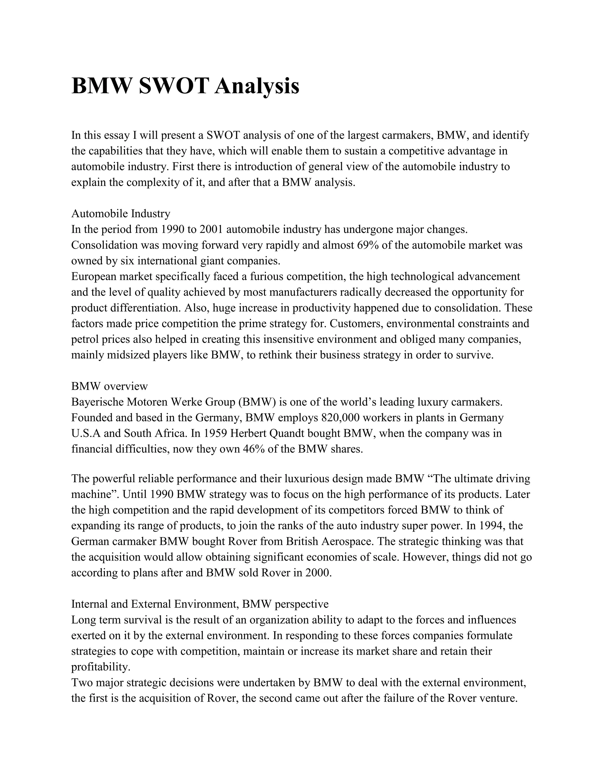 Bmw swot analysis | DOCX | Mergers and Acquisitions | Business Banking ...