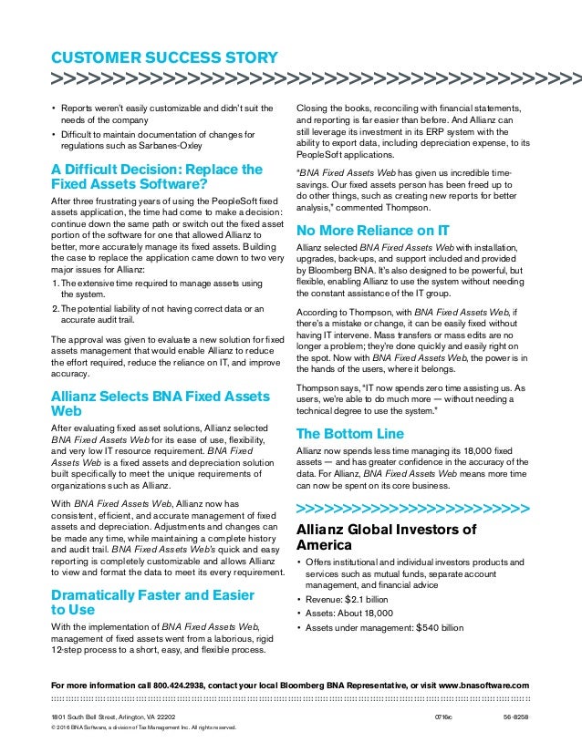 Allianz Global Investors Of America Uses Bna Fixed Asset Software From