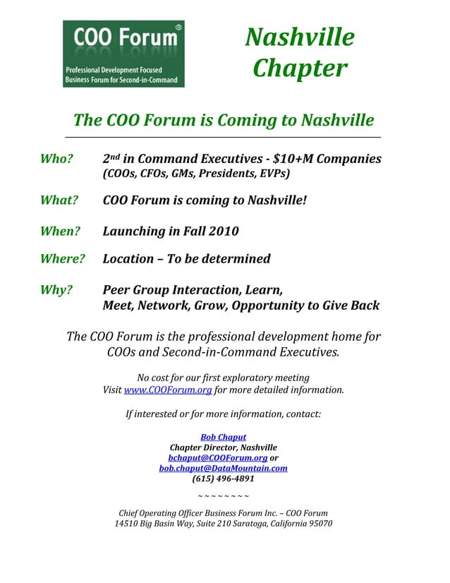 COO Forum is Coming to Nashville | PDF