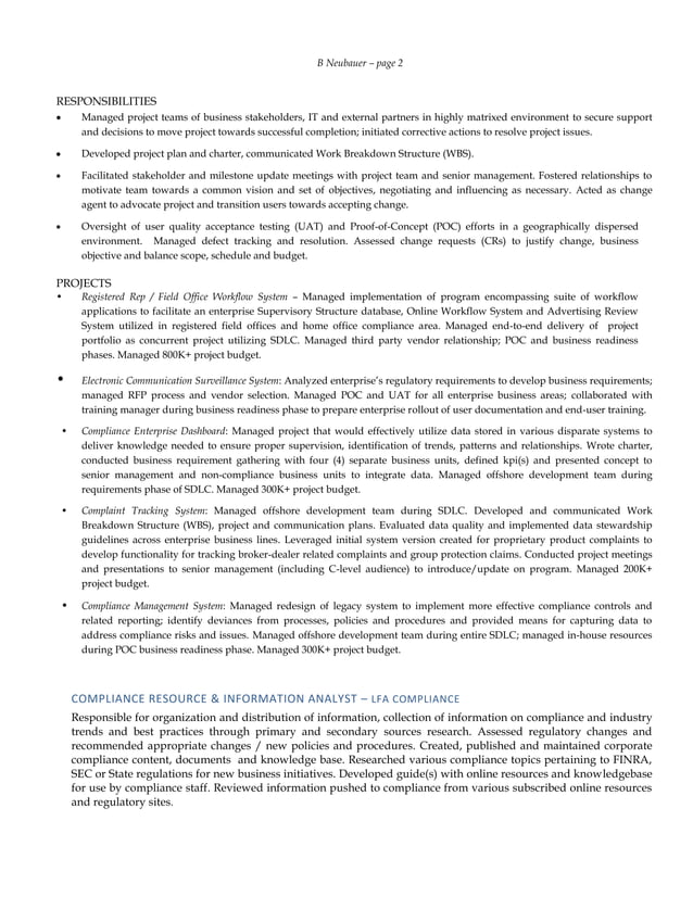 B Neubauer Resume (2012) | DOCX | Business | Business and Finance