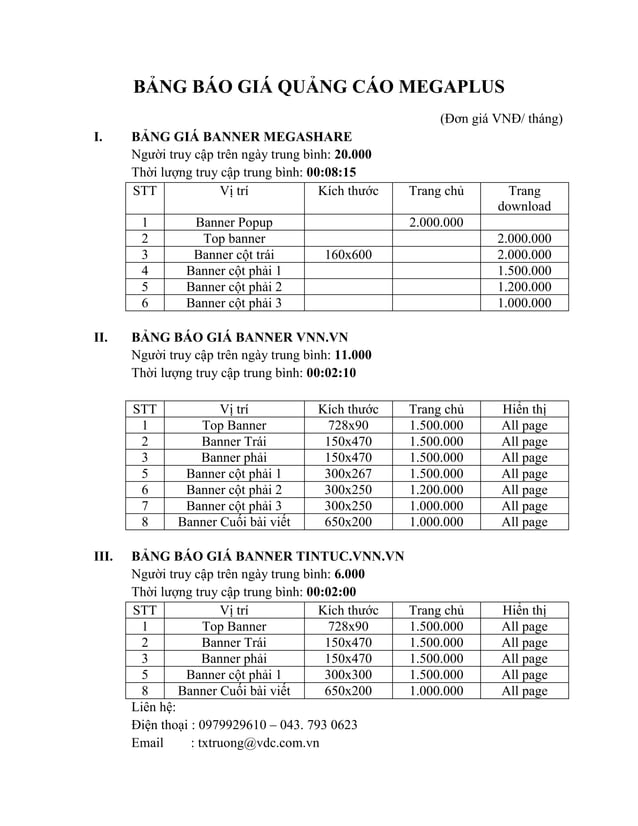 Bảng báo giá quảng cáo megaplus | PDF