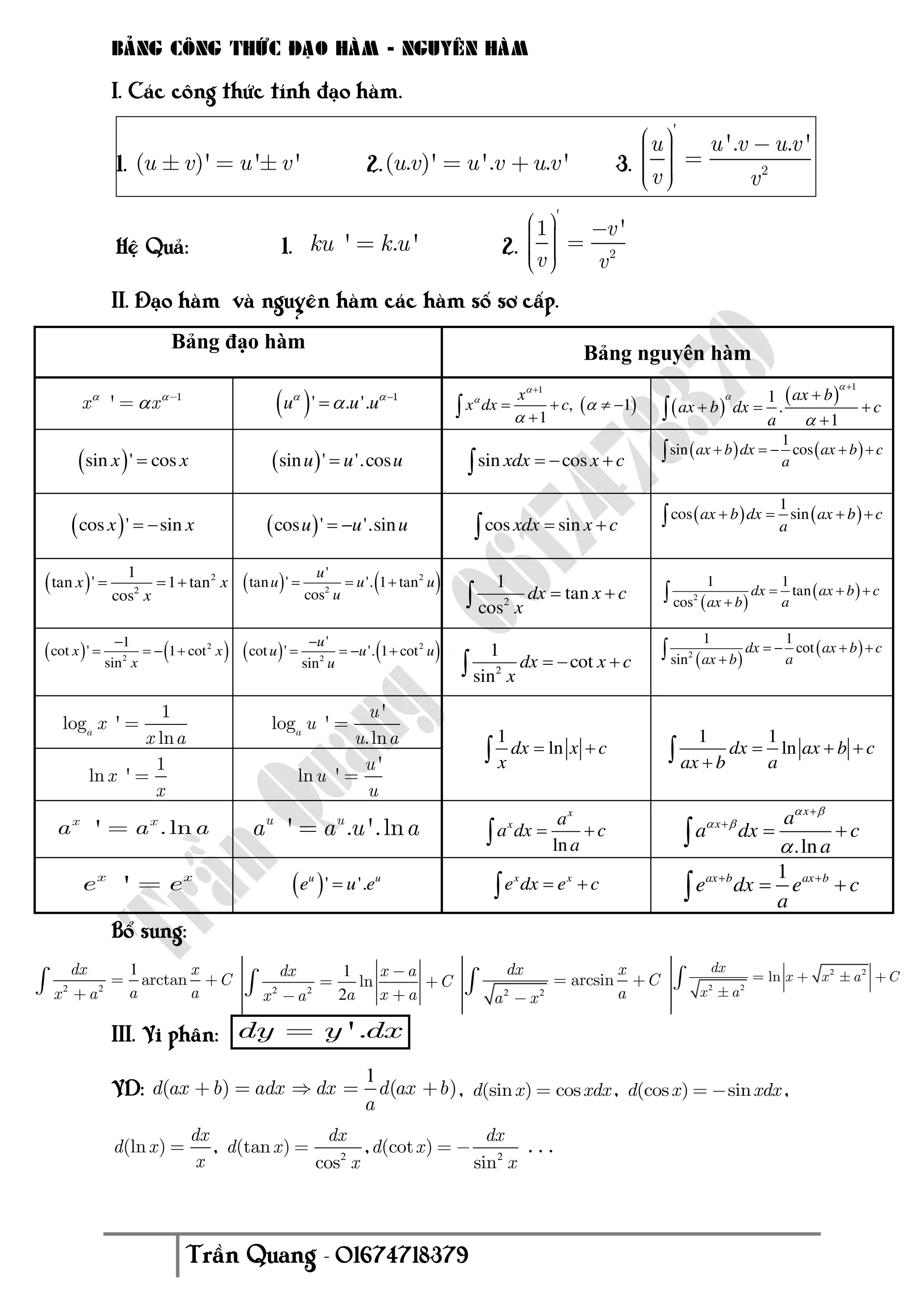 Bảng công thức tích phân + mũ lôga | PDF